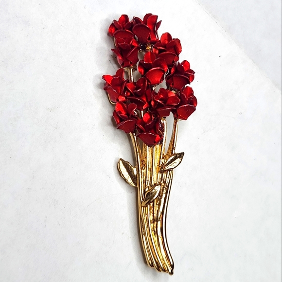 Jewelry | Red Rose Bouquet Brooch Pin Flowers Roses Floral Gold Tone ...